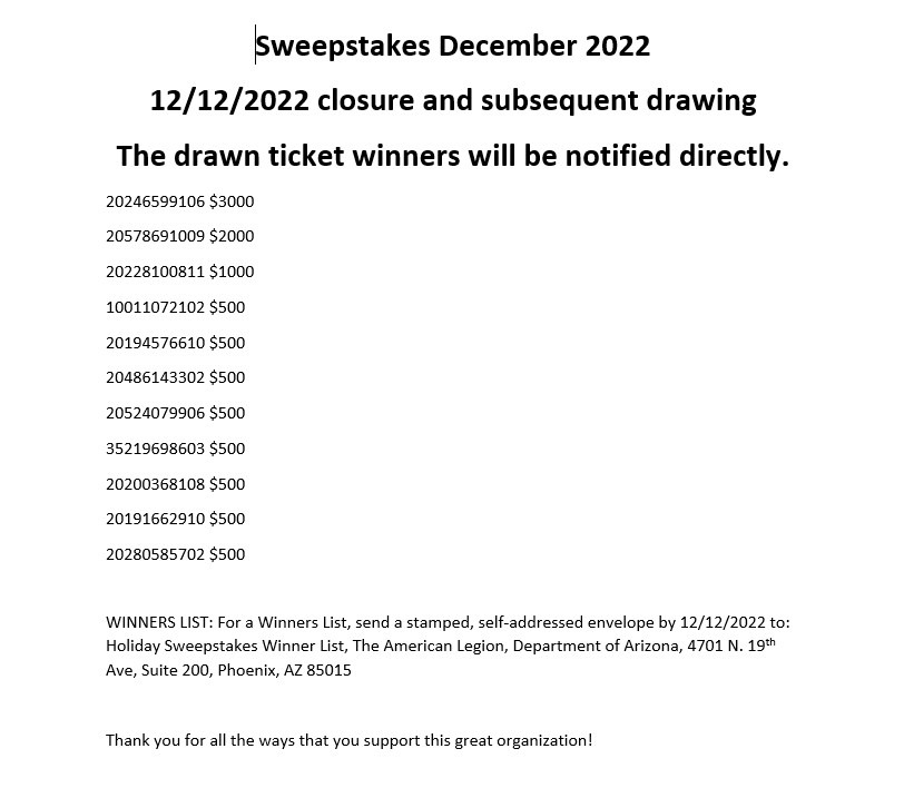 Sweepstakes Winners – Department of Arizona