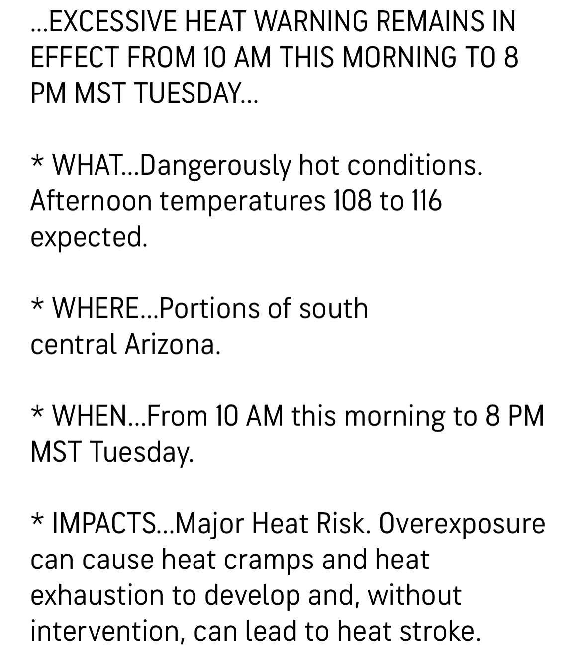 Excessive Heat Warning Notice – Department of Arizona
